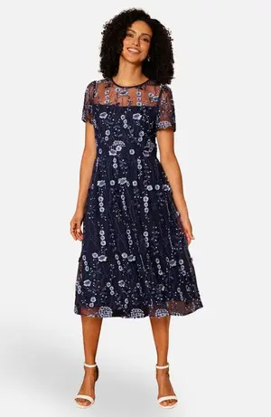 YUMI Embroidered Mesh Midi Dress - Navy