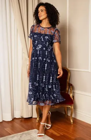 YUMI Embroidered Mesh Midi Dress