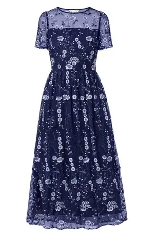 YUMI Embroidered Mesh Midi Dress