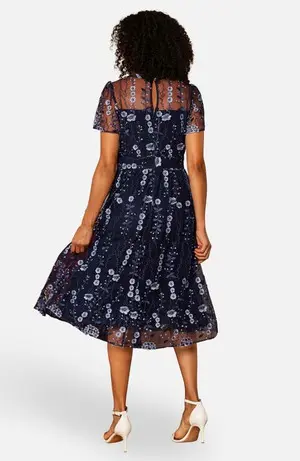 YUMI Embroidered Mesh Midi Dress