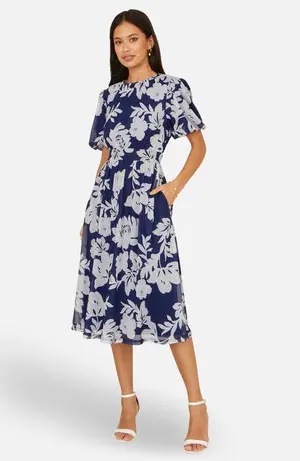 YUMI Flower Stretch Mesh Midi Dress
