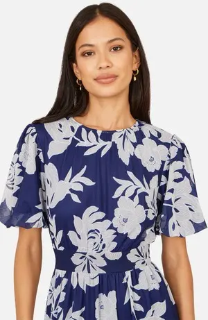 YUMI Floral Stretch Mesh Midi Dress
