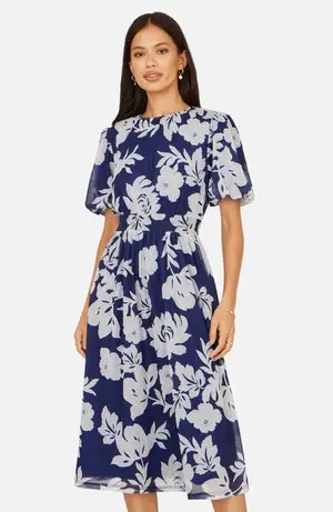 YUMI Floral Stretch Mesh Midi Dress - Navy