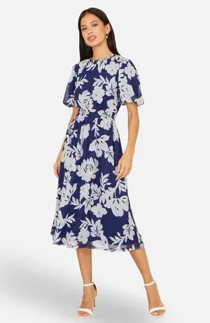 YUMI Floral Stretch Mesh Midi Dress