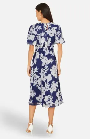 YUMI Floral Stretch Mesh Midi Dress