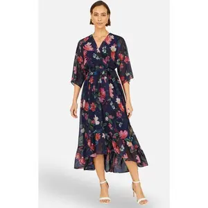 YUMI Floral Dip Hem Wrap Midi Dress - Navy