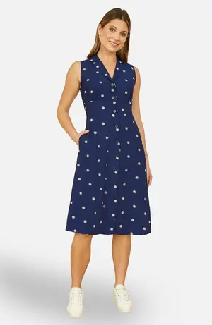YUMI Daisy Print Sleeveless Shirt Dress - Navy