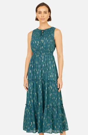 YUMI Foil Print Ruched Waist Midi Dress - Teal