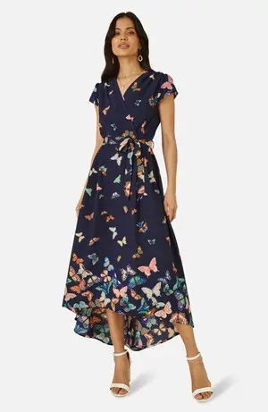 YUMI Butterfly Print Dip Hem Midi Wrap Dress - Navy