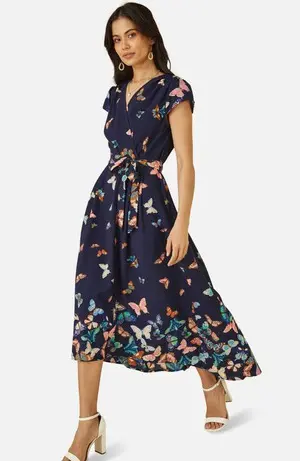 YUMI Butterfly Print Dip Hem Midi Wrap Dress - Navy