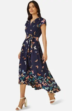 YUMI Butterfly Print Dip Hem Midi Wrap Dress