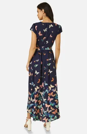 YUMI Butterfly Print Dip Hem Midi Wrap Dress