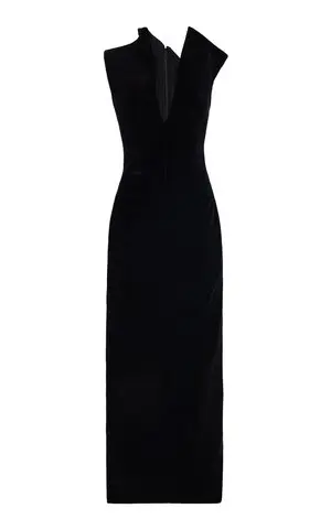 BRANDON MAXWELL The Farren Asymmetric Bonded Velvet Maxi Dress