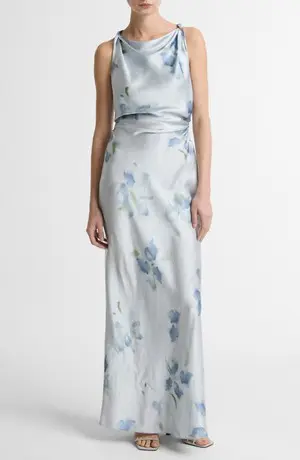 Vince Petal Blur Twist Shoulder Satin Maxi Dress - Soft Grey