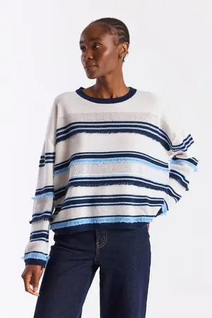 BRODIE CASHMERE Funky Stripe 100% Cashmere Sweater - Organic White/splash/ Navy