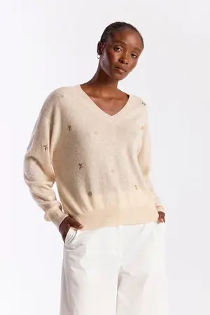 BRODIE CASHMERE Sea Embroidery 100% Cashmere Sweater - Cygnet
