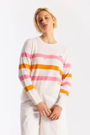 BRODIE CASHMERE Beach Embroidery 100% Cashmere Sweater - Pink & Orange Stripes
