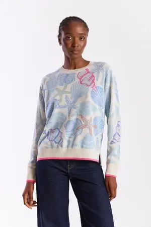 BRODIE CASHMERE Scatter Shell Cashmere Crew Sweater - Organic White
