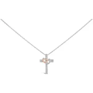 HAUS OF BRILLIANCE 14k Rose Gold Plated Diamond Cross And Heart Pendant Necklace - Silver