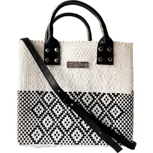 TIN MARIN White Large Woven Crossbody Bag - Black Leather Straps