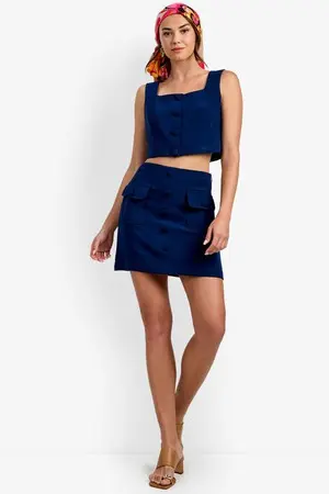 Trina Turk Ramina Top Cropped Square Neck Sleeveless Button-front - Ink
