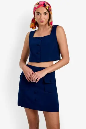 Trina Turk Ramina Top Cropped Square Neck Sleeveless Button-front - Ink