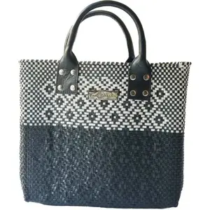 TIN MARIN Black Large Woven Crossbody Bag - Black Leather Straps