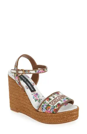 Dolce & Gabbana Floral Embroidered Espadrille Wedge Sandal - Bianco/multicolor