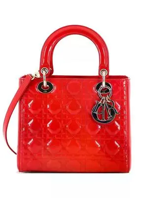Dior Lady Cannage Quilt Patent Medium Satchel - Red