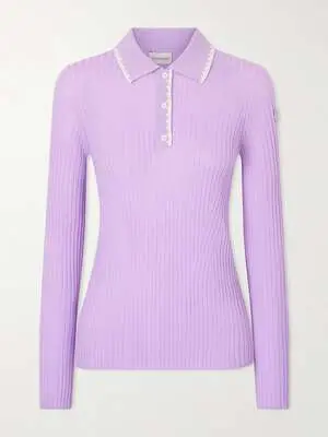 Moncler Appliquéd Embroidered Ribbed Wool Polo Shirt - Lilac