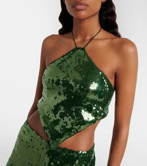 Oseree Marylin Sequined Halterneck Crop Top - Green