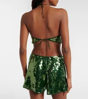 Oseree Marylin Sequined Halterneck Crop Top - Green