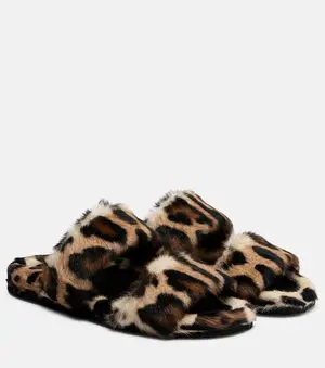 Dolce & Gabbana Leopard-print Shearling Slides - Brown
