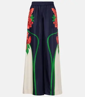 La DoubleJ Floral Silk Palazzo Pants - Blue