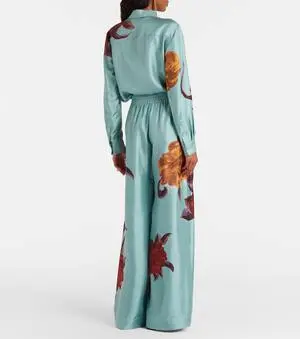 La DoubleJ Floral Silk Palazzo Pants - Turquoise