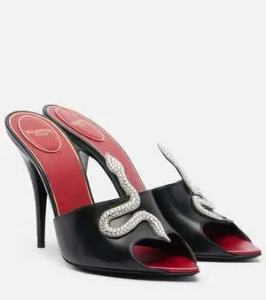 Valentino Garavani Cœur Vipère Embellished Leather Mules - Black