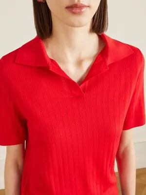 ALLUDE Pointelle-knit Wool Polo Top