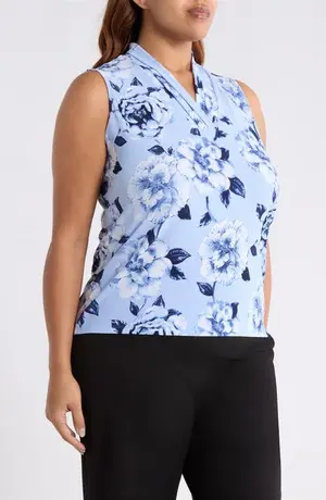 Anne Klein Floral Triple Pleat V-neck Top