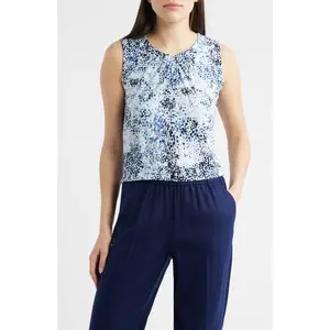 Anne Klein Print Pleat Neck Top - Crisp White Mlt
