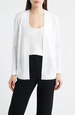 Anne Klein Sheer Stripe Open Front Cardigan - Crisp White