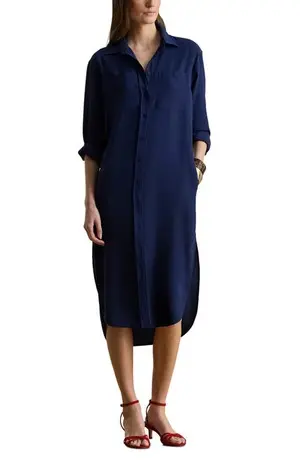 Ralph Lauren Long Sleeve Double Faced Georgette Shirtdress - Refined Navy Blue