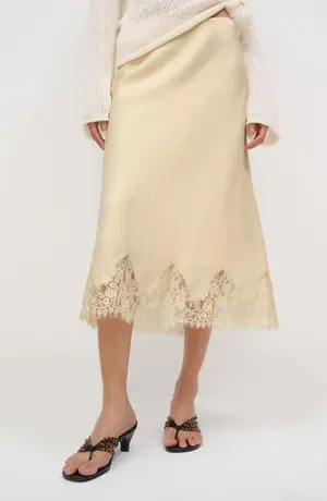 REFORMATION Carolina Lace Trim Linen Midi Skirt - Sugar