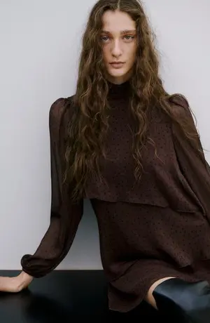 Mango Dot Ruffle Long Sleeve Mini Dress