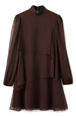 Mango Dot Ruffle Long Sleeve Mini Dress - Brown