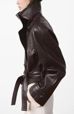 Mango Faux Leather Belted Jacket - Maroon