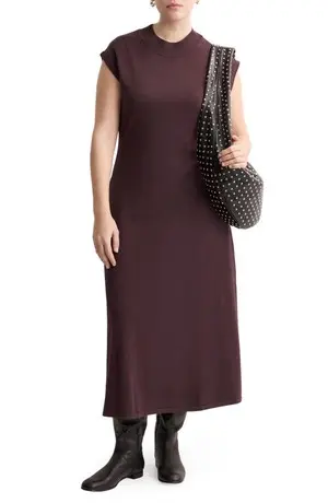 Mango Mock Neck Cap Sleeve Sweater Midi Dress - Chocolate