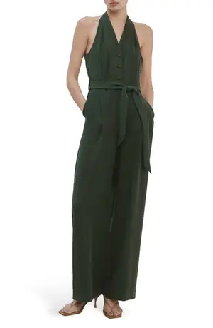 Mango Halter Neck Belted Jumpsuit - Khaki Green