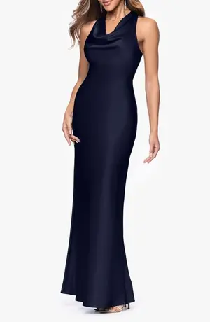 XSCAPE EVENINGS Cowl Neck Satin Gown - Navy