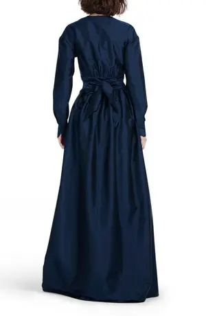 EMILY SHALANT Surplice Long Sleeve Taffeta Gown - Navy