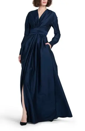 EMILY SHALANT Surplice Long Sleeve Taffeta Gown - Navy